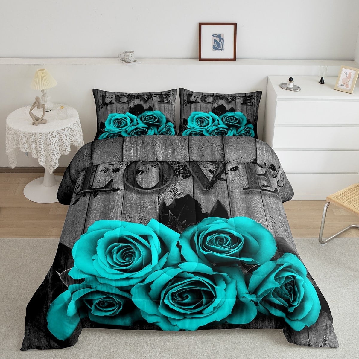 Turquoise Grey Bedding Set Teal Rose Flowers Comforter Set Full Men ...