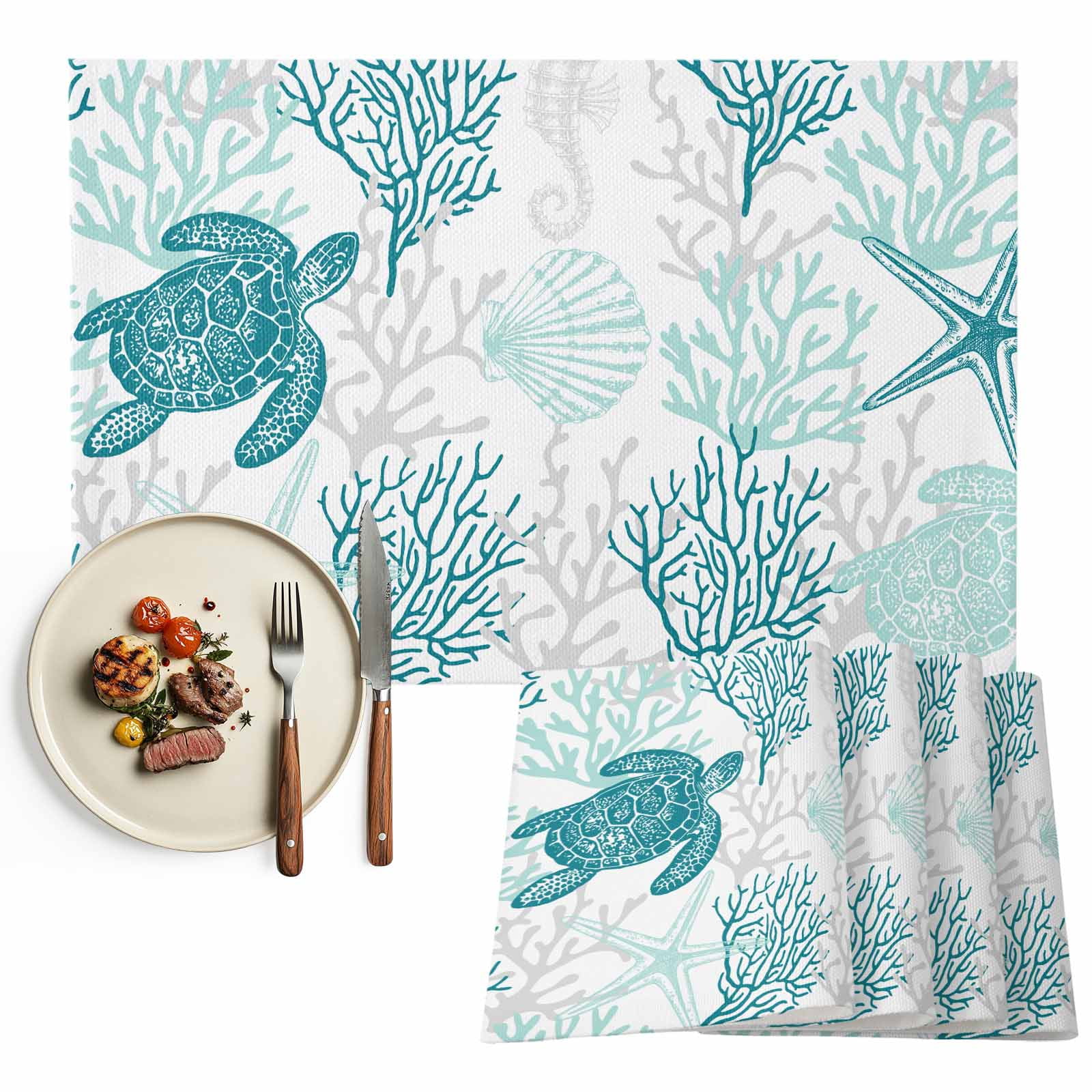 Turquoise Grey Coastal Beach Placemat of 1 PC, Ocean Animals Pattern ...