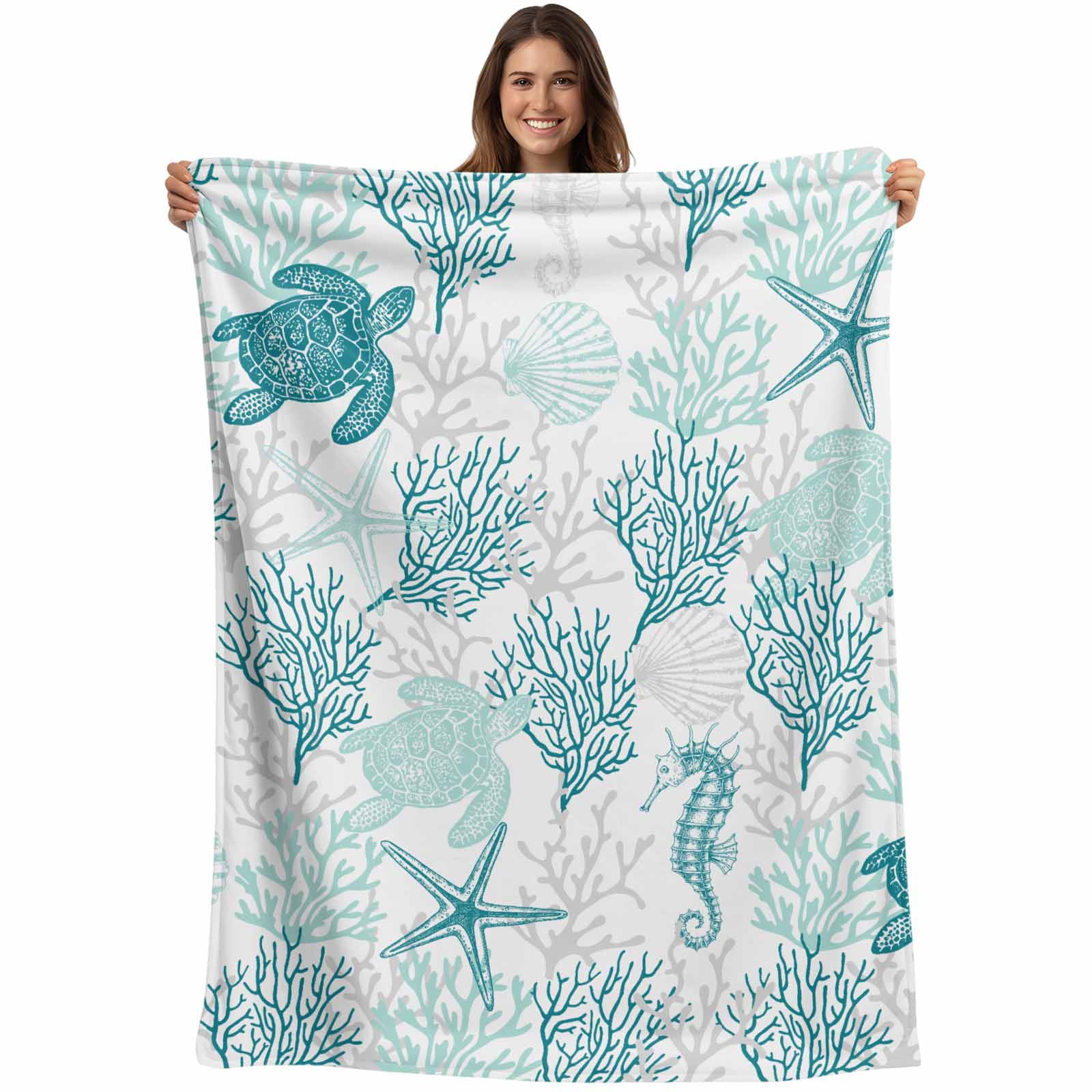 Turquoise Grey Coastal Beach Throw Blankets, Ocean Animals Pattern Soft ...