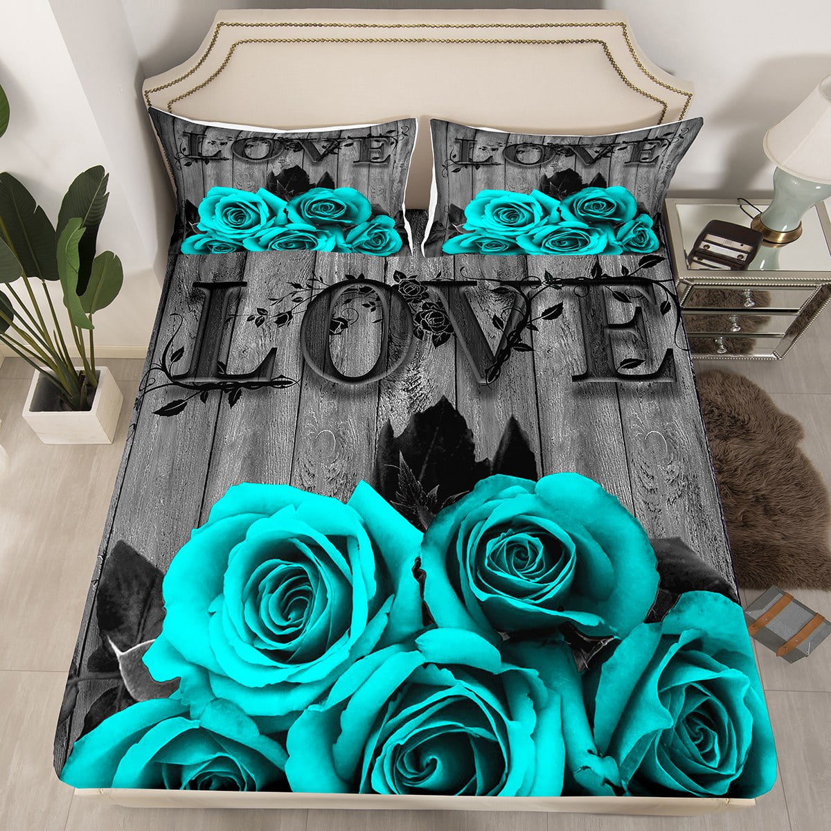 Turquoise Grey Fitted Sheet Teal Rose Flowers Bedding Set Queen For ...