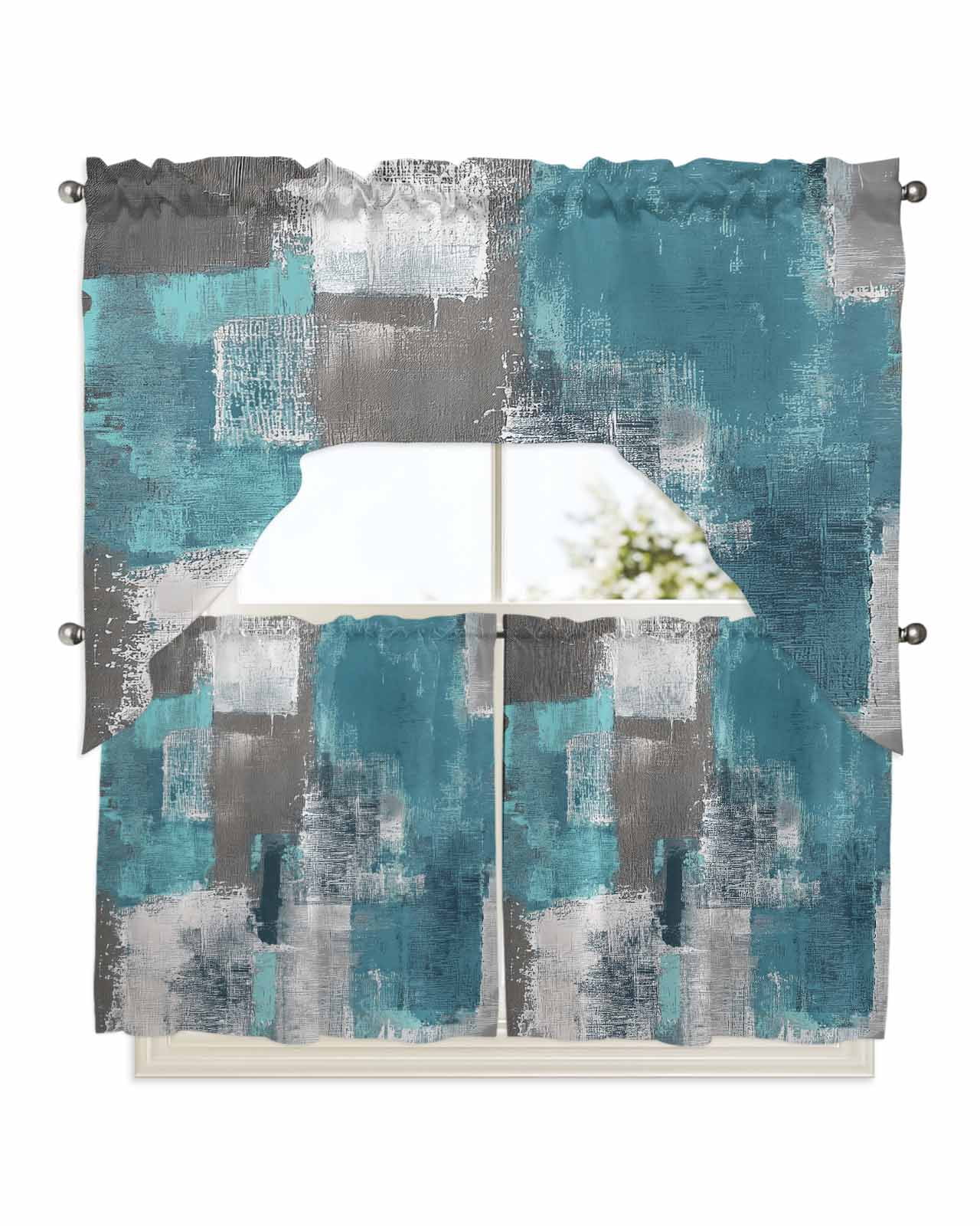 Turquoise Grey Kitchen Curtains Swag Valance and Tier Curtains Set 24 ...
