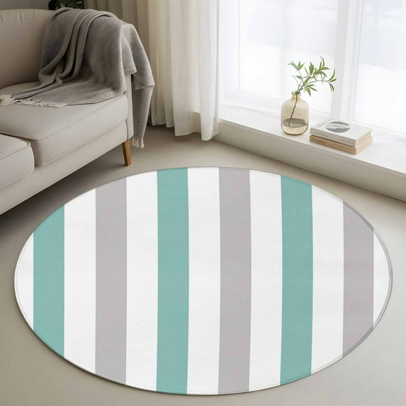 Turquoise Grey Stripe 3.3ft Round Rug, Modern Farmhouse Vertical ...