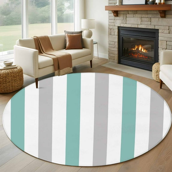 Turquoise Grey Stripe 5ft Round Rug, Modern Farmhouse Vertical Striped ...