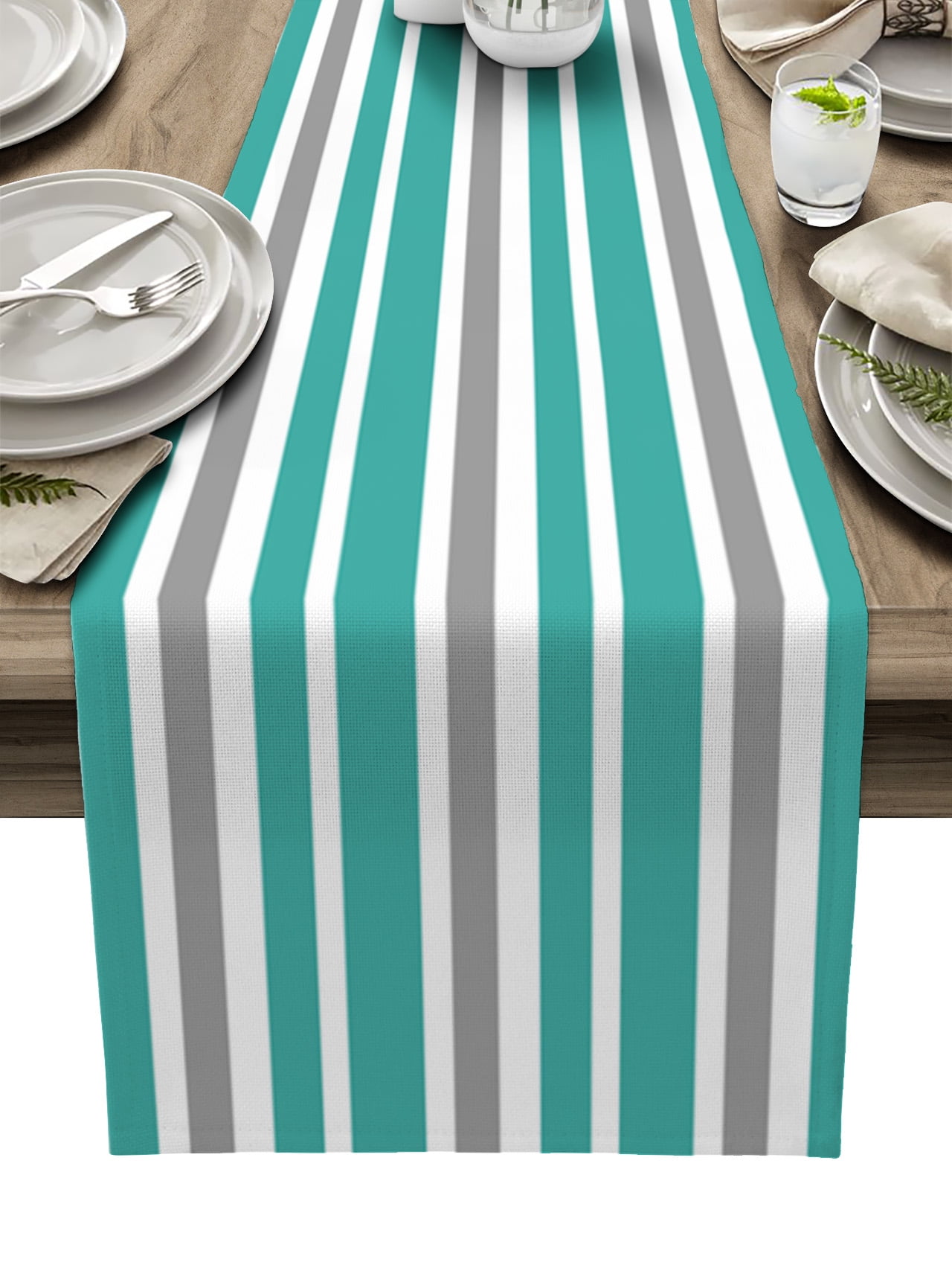 Turquoise Grey Striped Table Runner 60 Inches, Modern Teal White ...