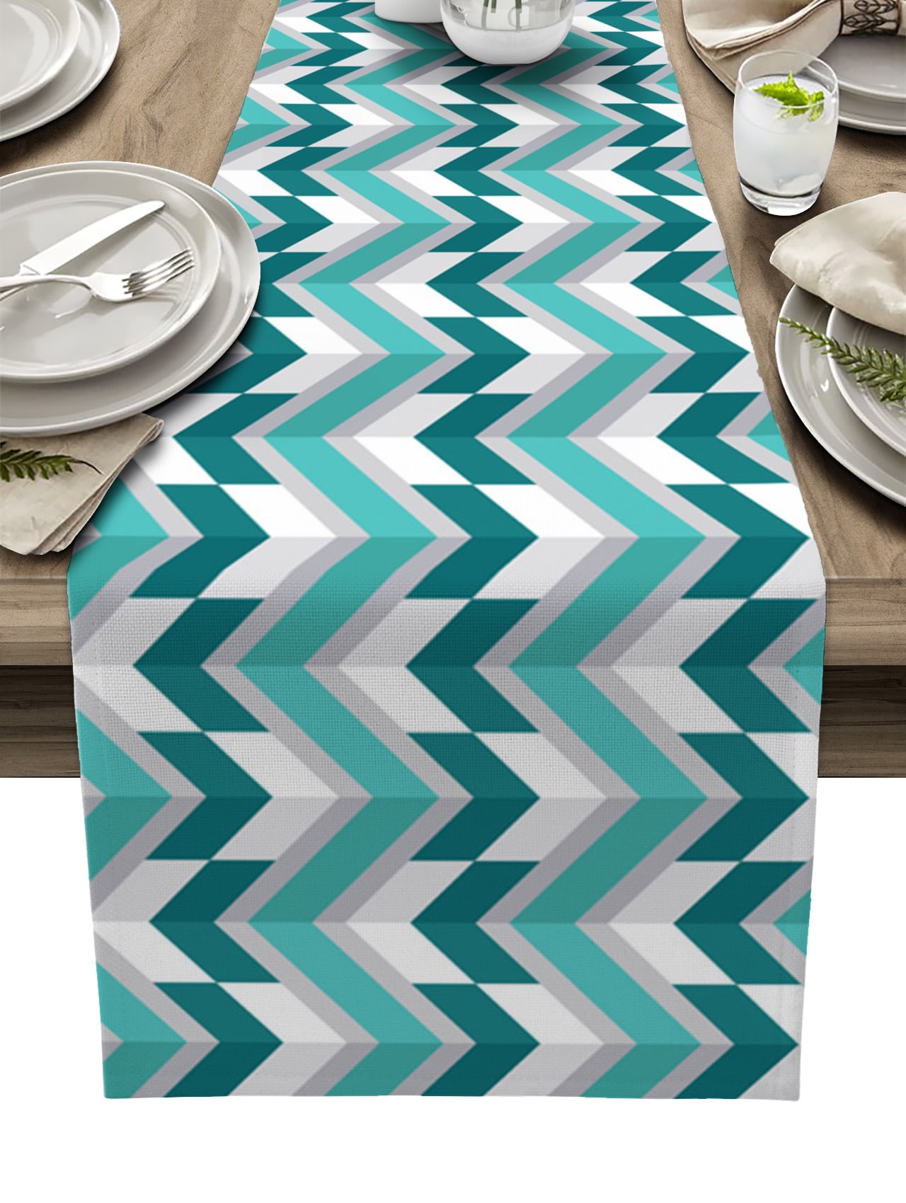 Turquoise Grey, Table Runner 72 Inches, Geometric White Aesthetic ...