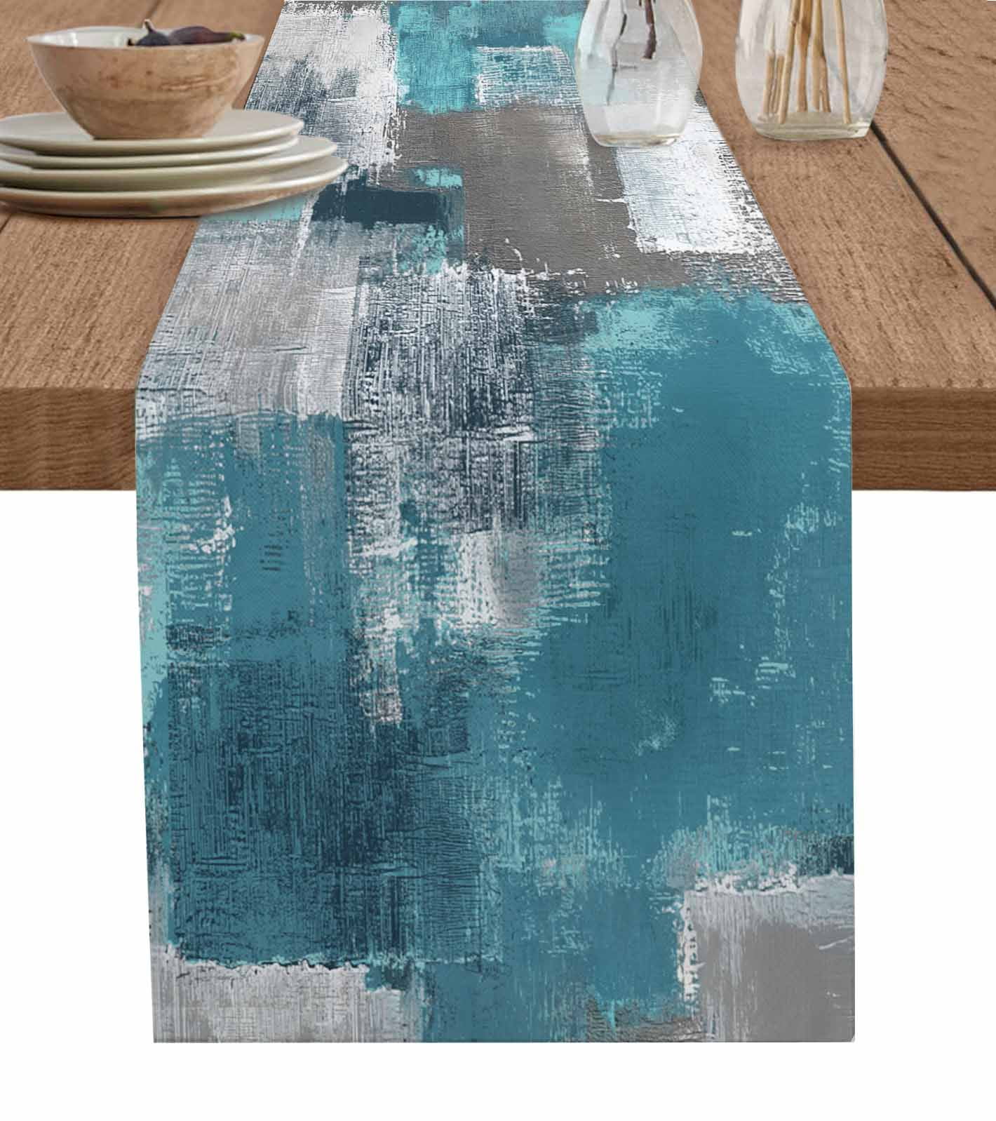 Turquoise Grey Table Runner Abstract Square Graffiti Modern Smear ...