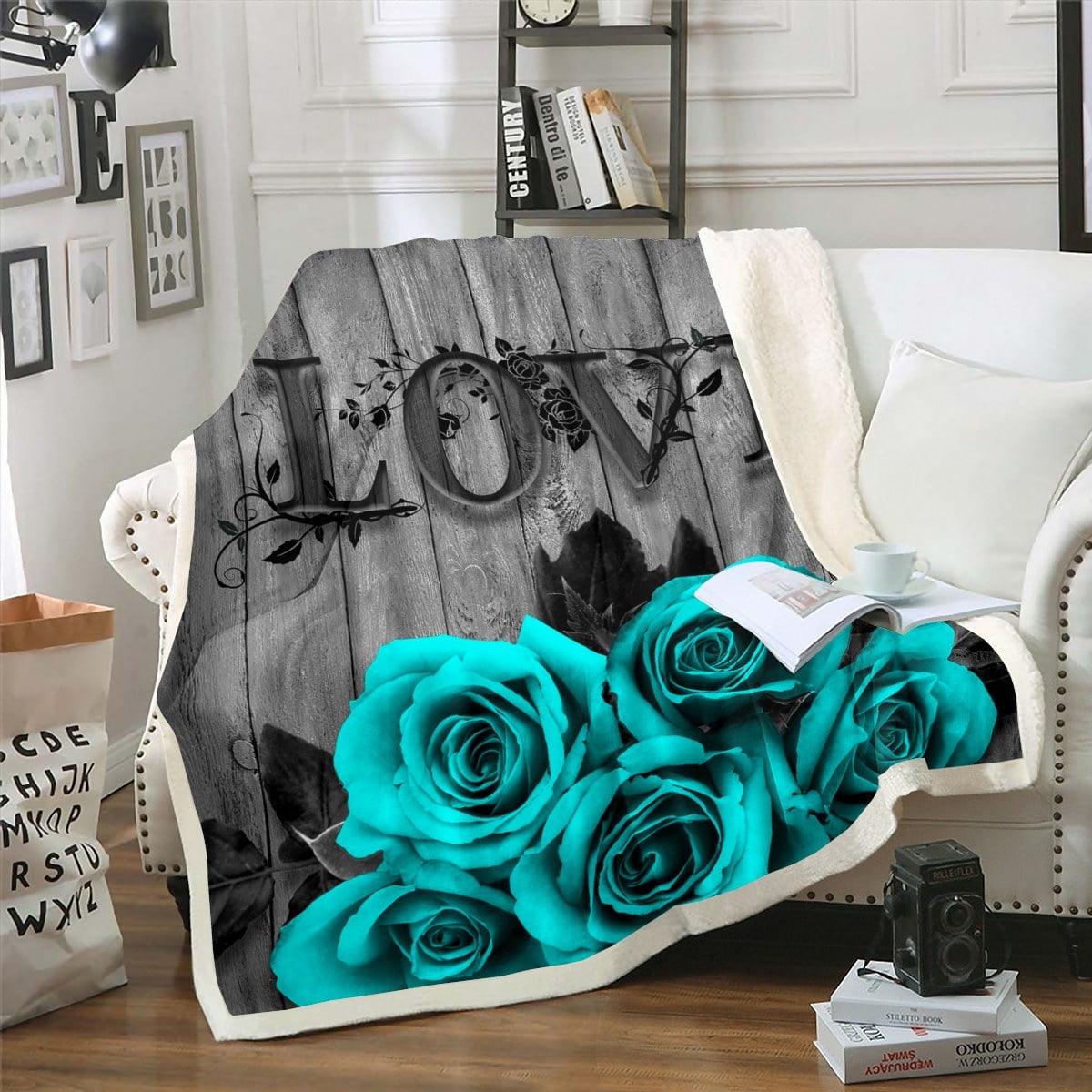 Turquoise Grey Throw Blanket Teal Rose Flowers Sherpa Blanket Queen 90 ...