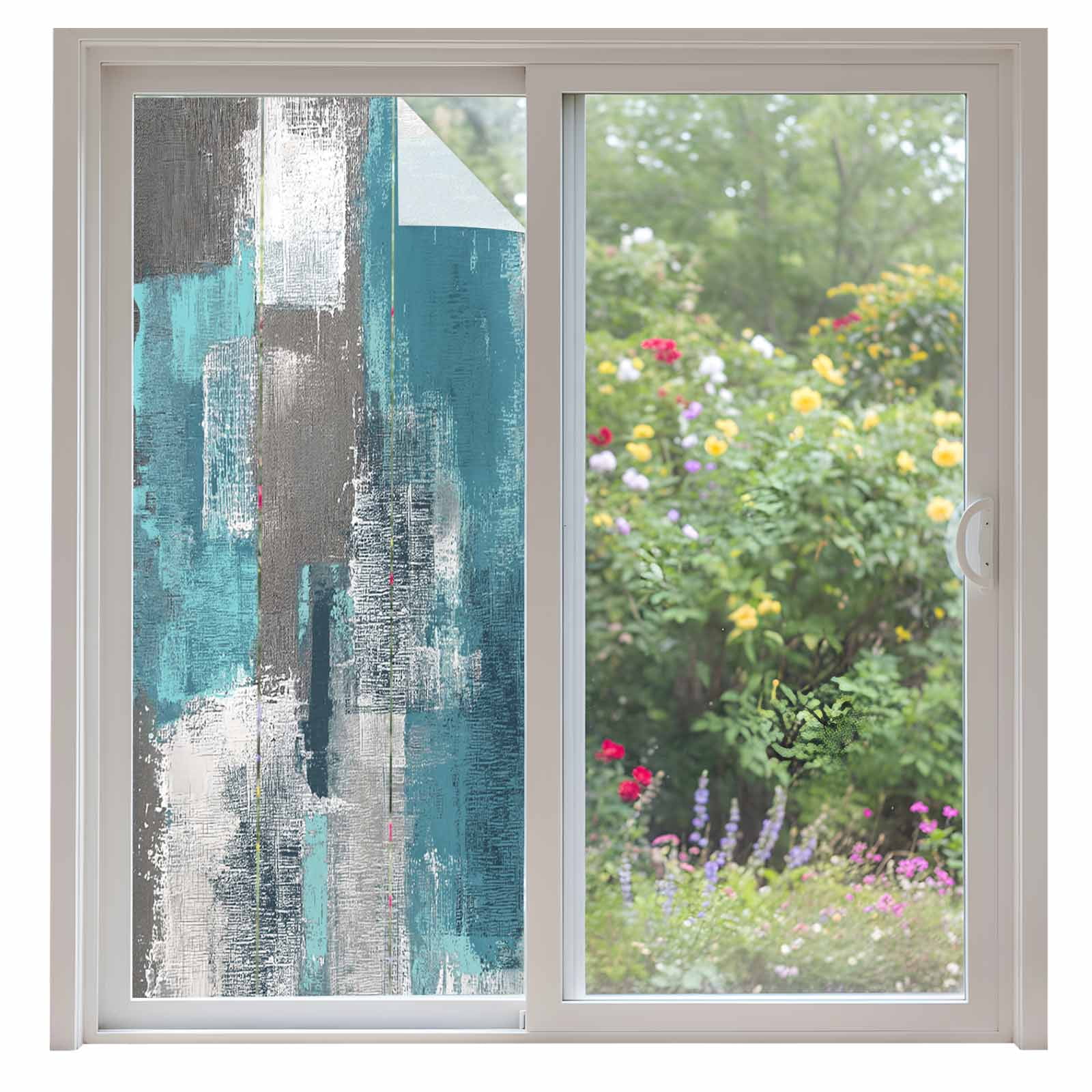 Turquoise Grey Window Privacy Film, Abstract Square Graffiti Modern ...