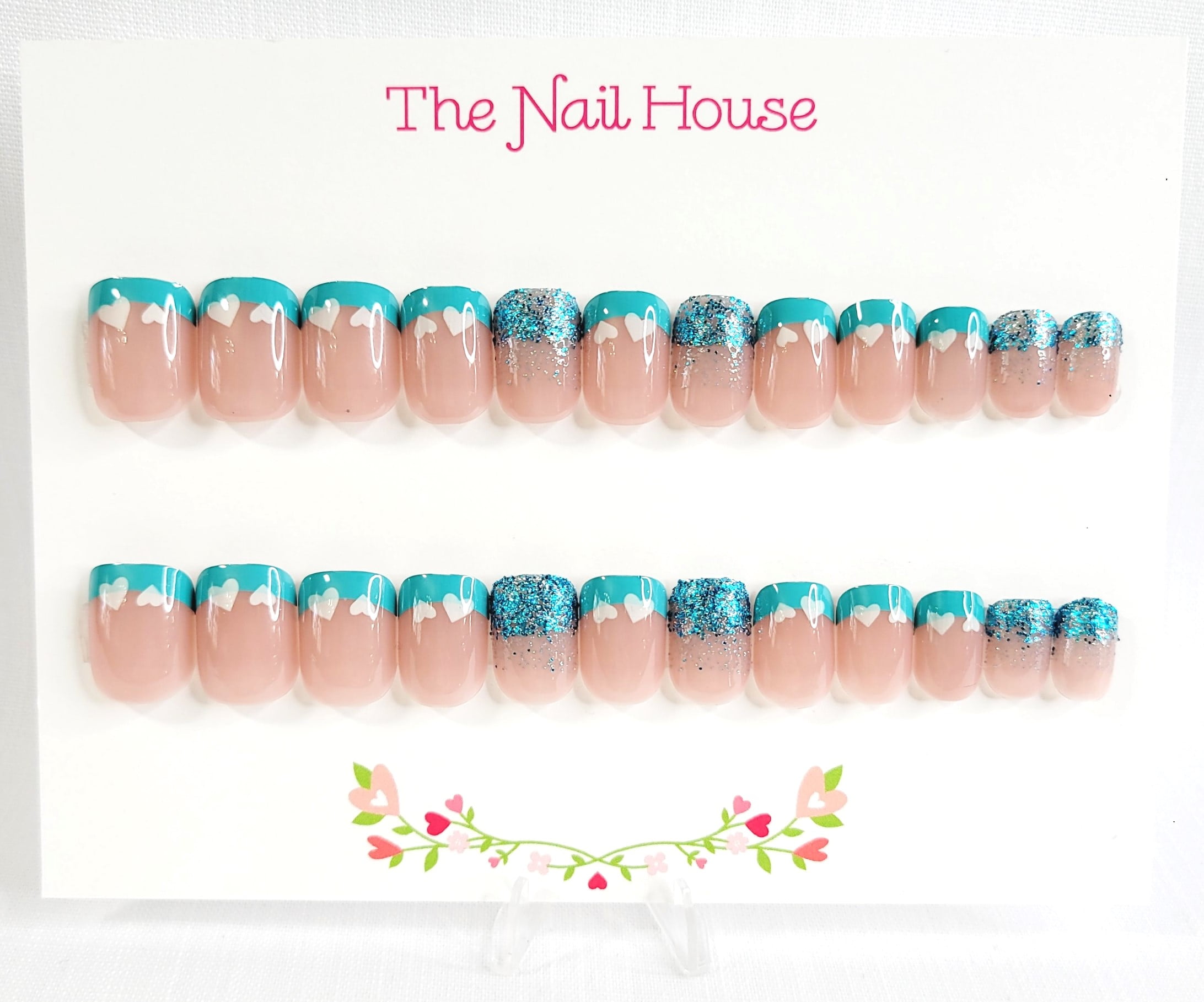 Turquoise Hearts French Manicure Extra Short Square Press-On Nails By ...