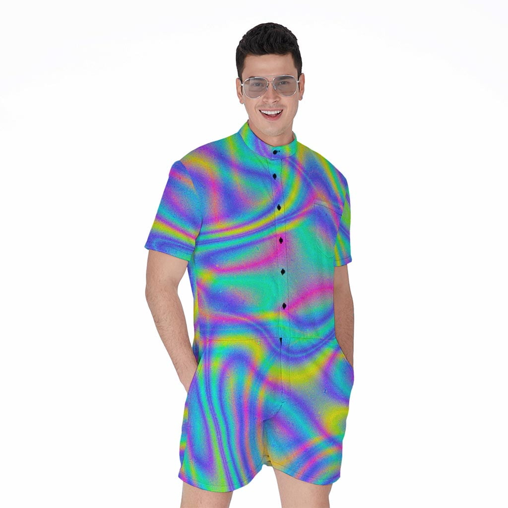 Turquoise Holographic Trippy Short Sleeve Men'S Rompers, Holographic ...