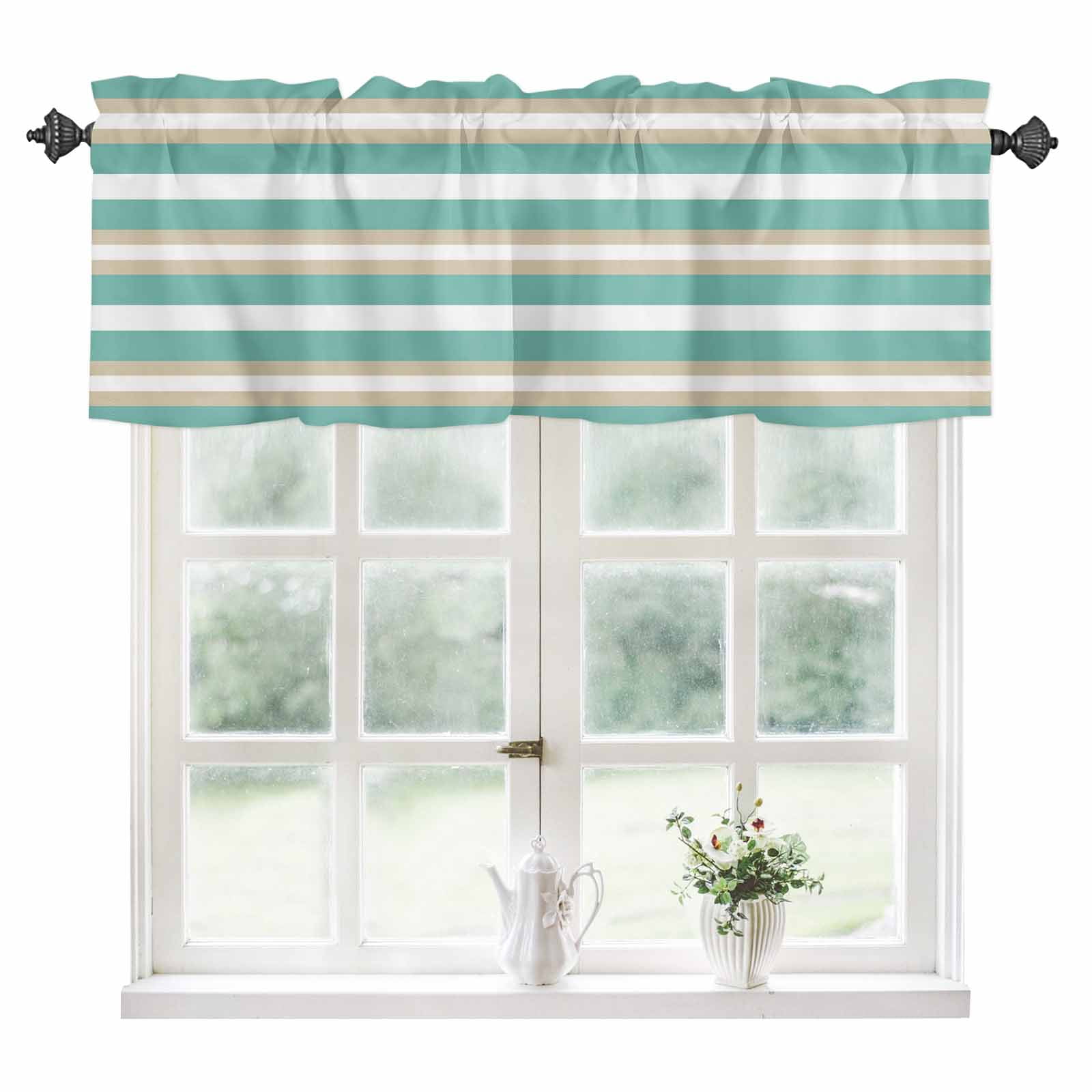 Turquoise Khaki Striped Kitchen Valances for Windows 42x12 Inch Kitchen ...