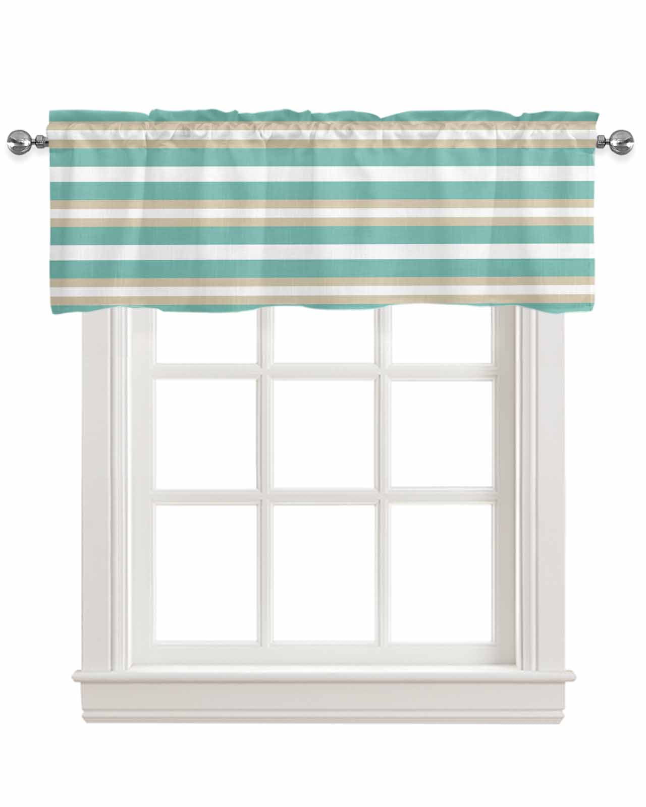 Turquoise Khaki Striped Kitchen Valances for Windows Farmhouse Linen ...