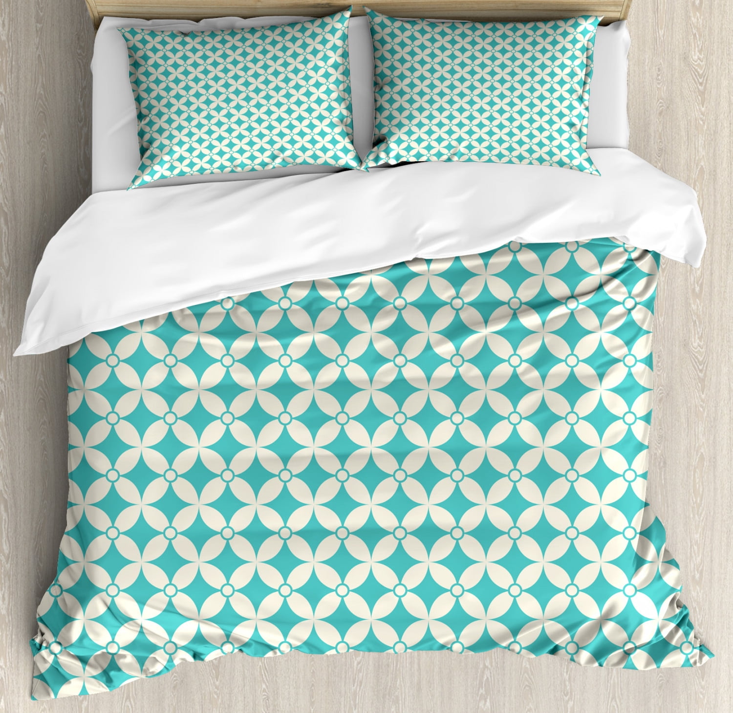 Turquoise King Size Duvet Cover Set, Vintage Geometric Pattern with ...