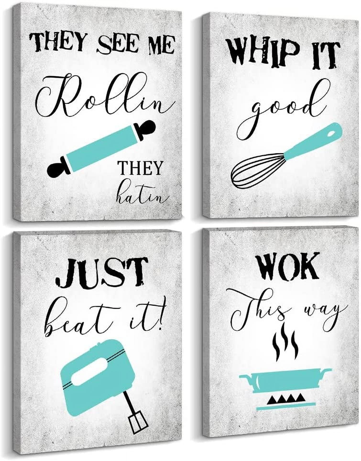Turquoise Kitchen Canvas Wall Art, 4 Pieces Funny Kitchen Rules Songs ...