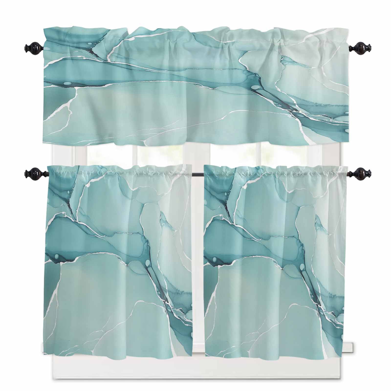 Turquoise Kitchen Curtain Set, Modern Marble Ink Painting Abstract Art ...