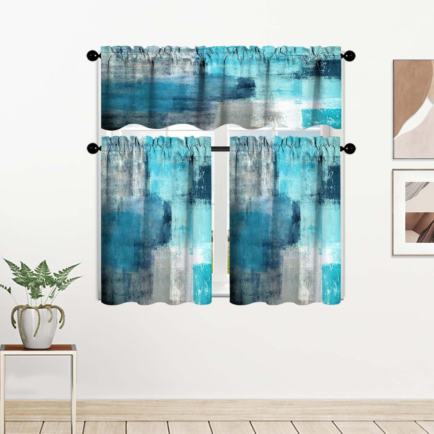 Turquoise Kitchen Curtain Valance and Tiers, 3Pcs Abstract Art Valance ...
