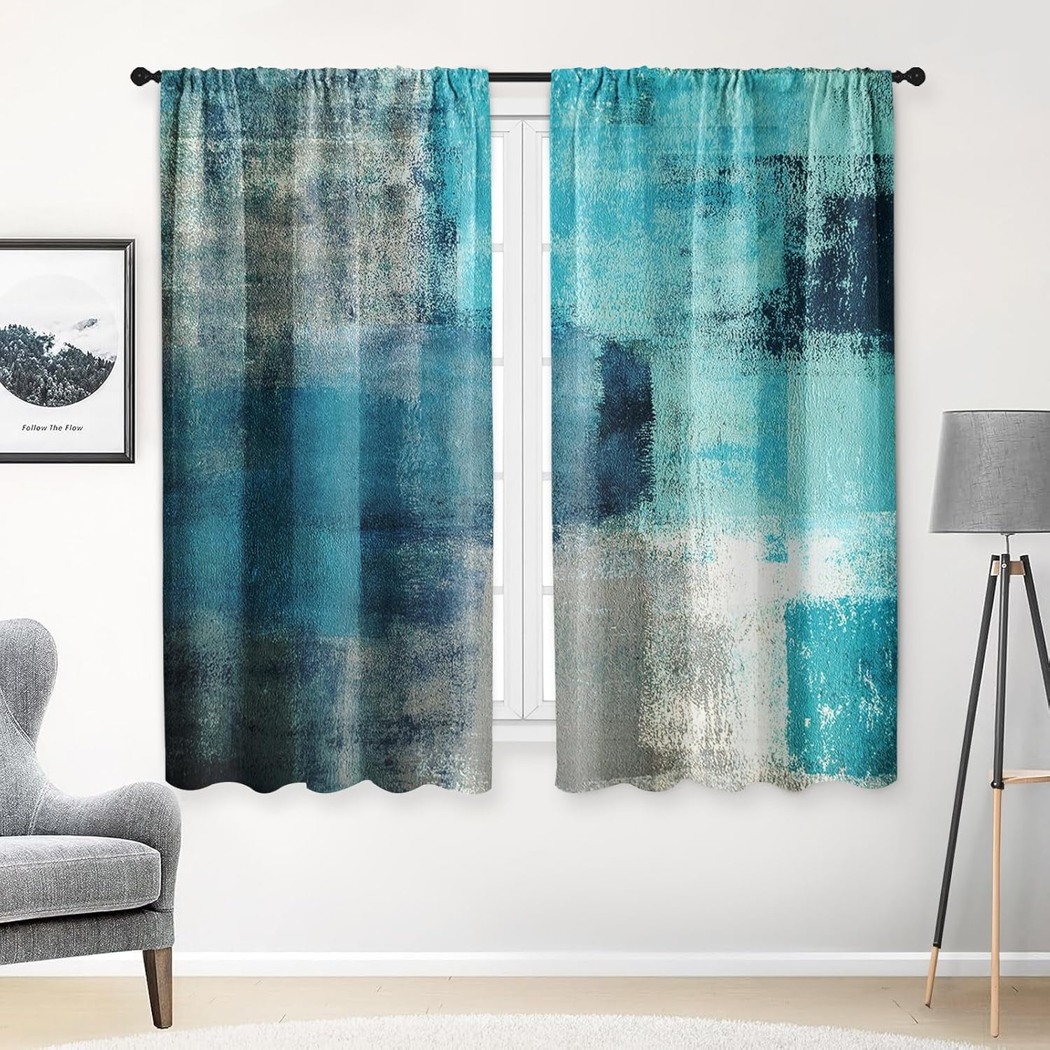 Turquoise Kitchen Curtains 63 Inch Length Abstract Window Curtains Over ...