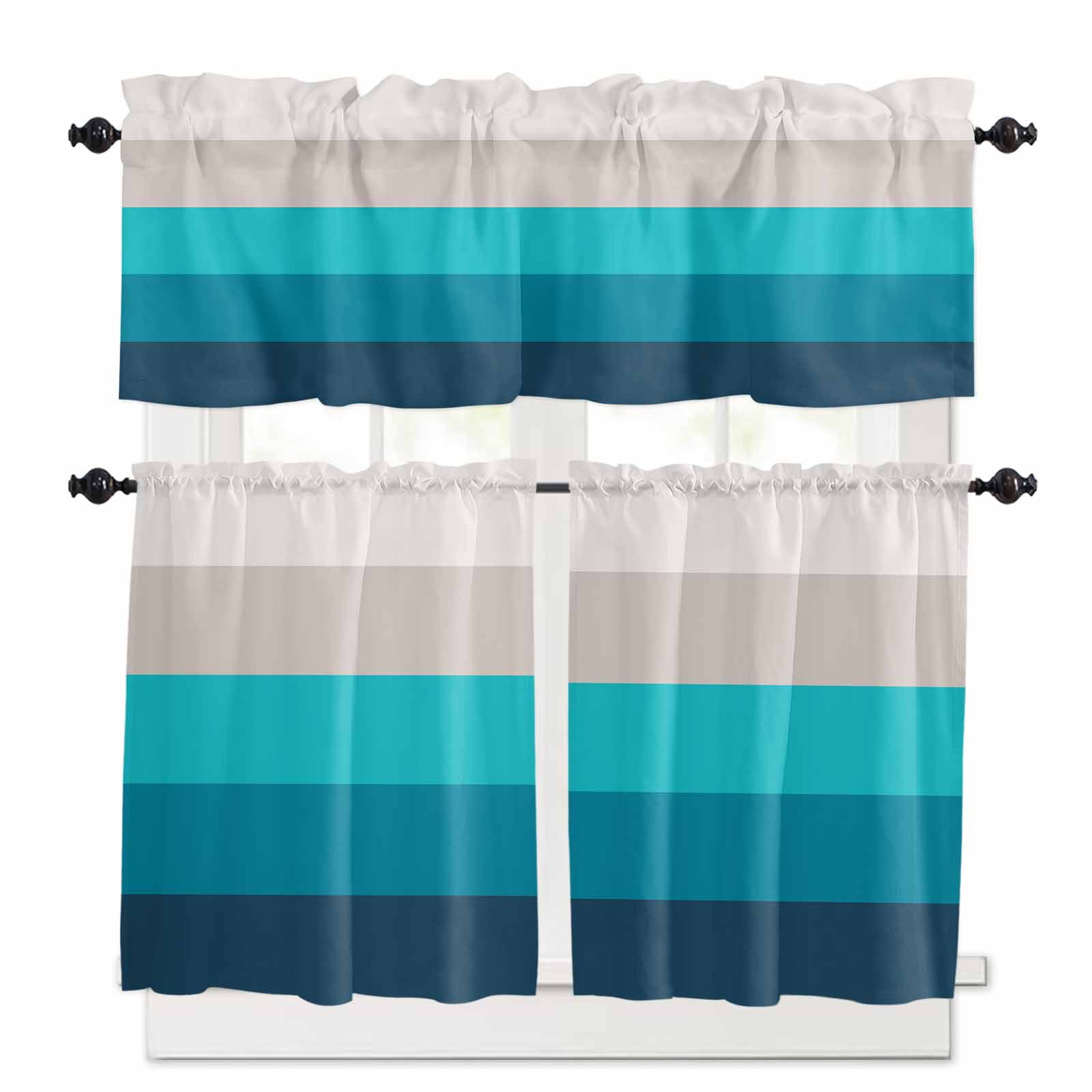Turquoise Kitchen Curtains Set for Windows 3 Pieces,36 Inch Length Tier ...
