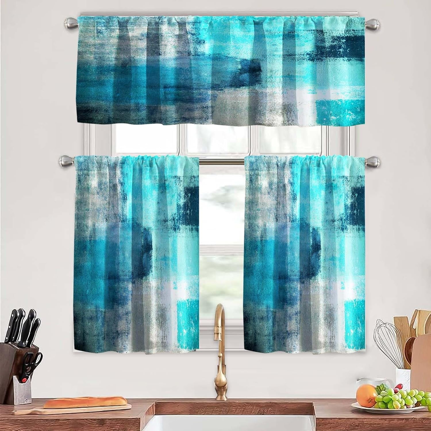 Turquoise Kitchen Curtains Tiers and Valances Set 3 Piece for Windows ...