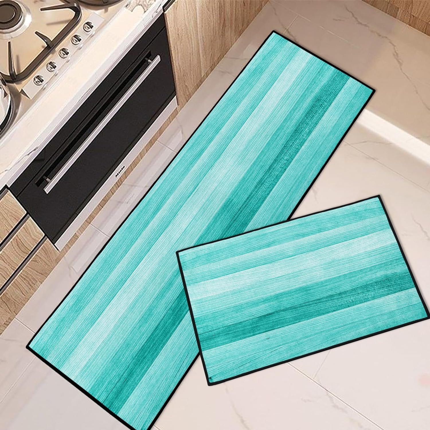 Turquoise Kitchen Rugs and Mats Non Skid Washable Set of 2, Teal Green ...