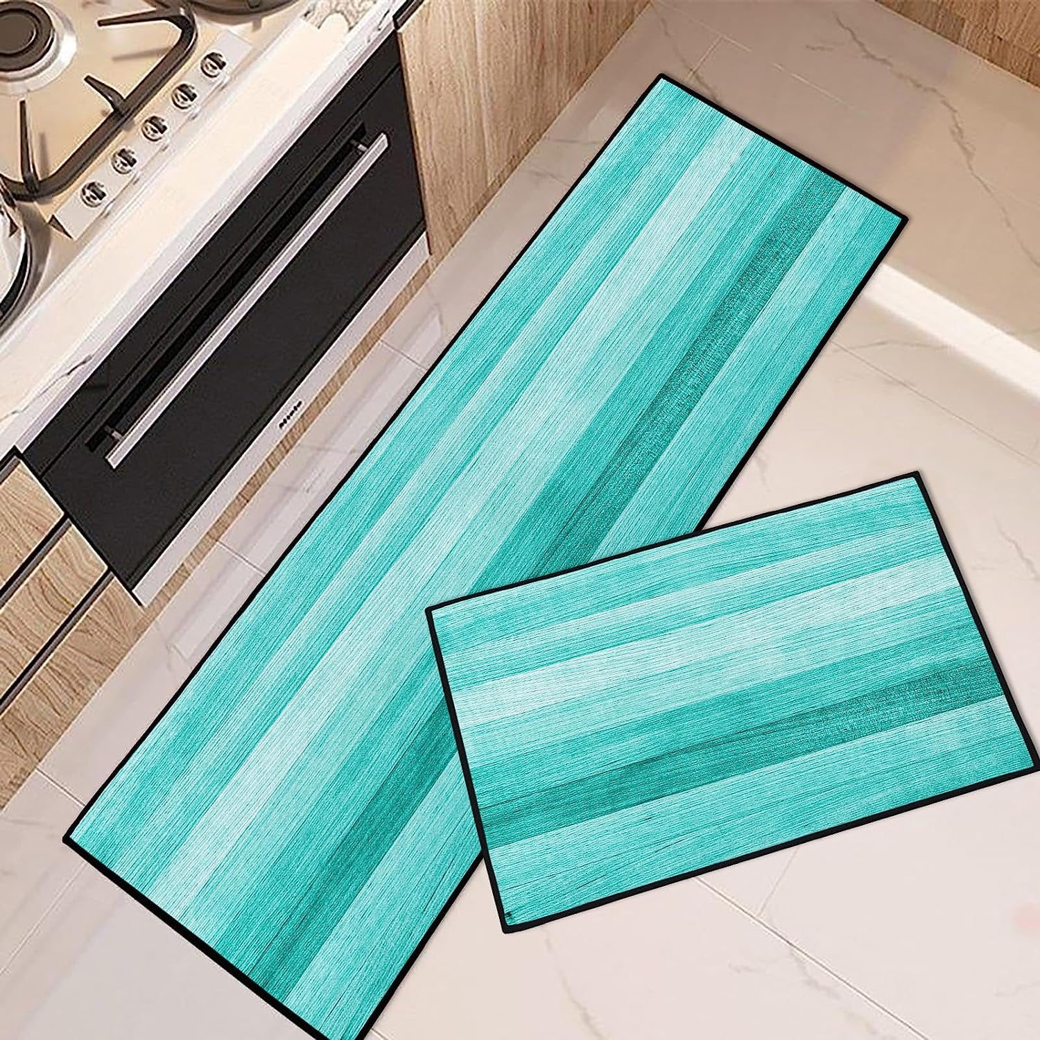 Turquoise Kitchen Rugs and Mats Non Skid Washable Set of 2, Teal Green ...