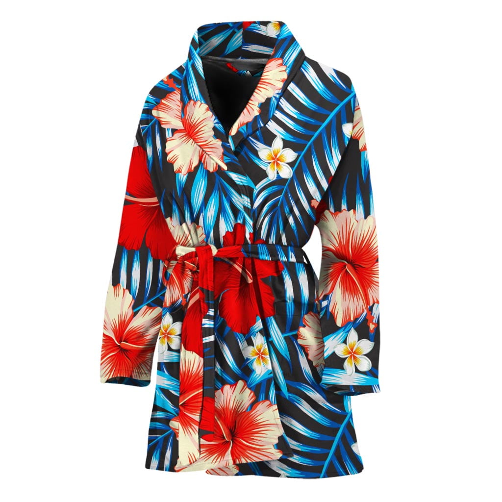 Turquoise Leaves Hibiscus Pattern Women Bathrobe One Size Univeral Fits ...