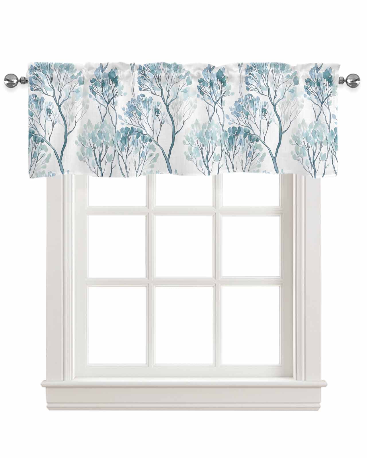 Turquoise Leaves Tree Kitchen Valances for Windows Farmhouse Linen ...