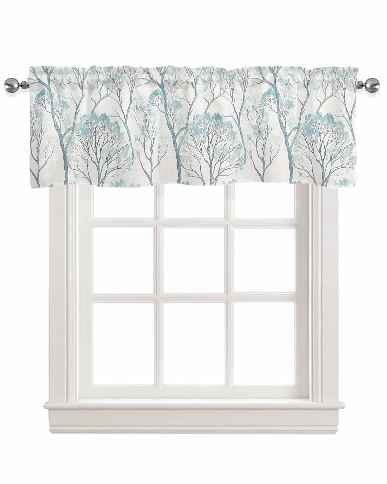 Turquoise Leaves Tree Kitchen Valances for Windows Farmhouse Linen ...