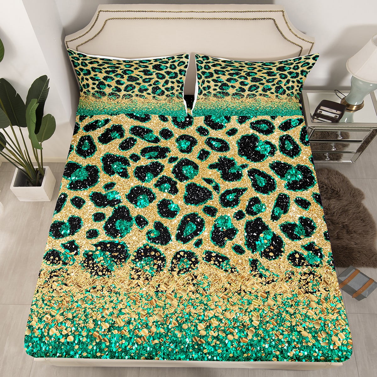 Turquoise Leopard Print Fitted Sheet Gold Sequins Print Sheets,Wild ...