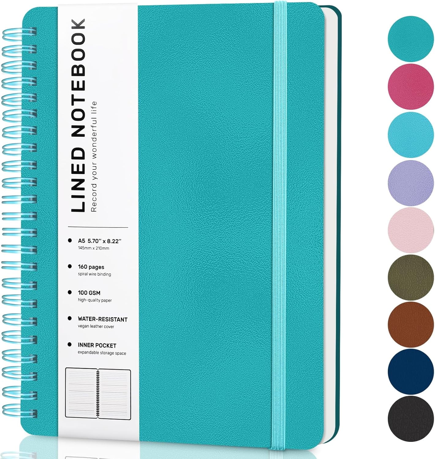 Turquoise Lined Spiral Journal Notebook with 160 Pages, 8×5.7in, A5 ...