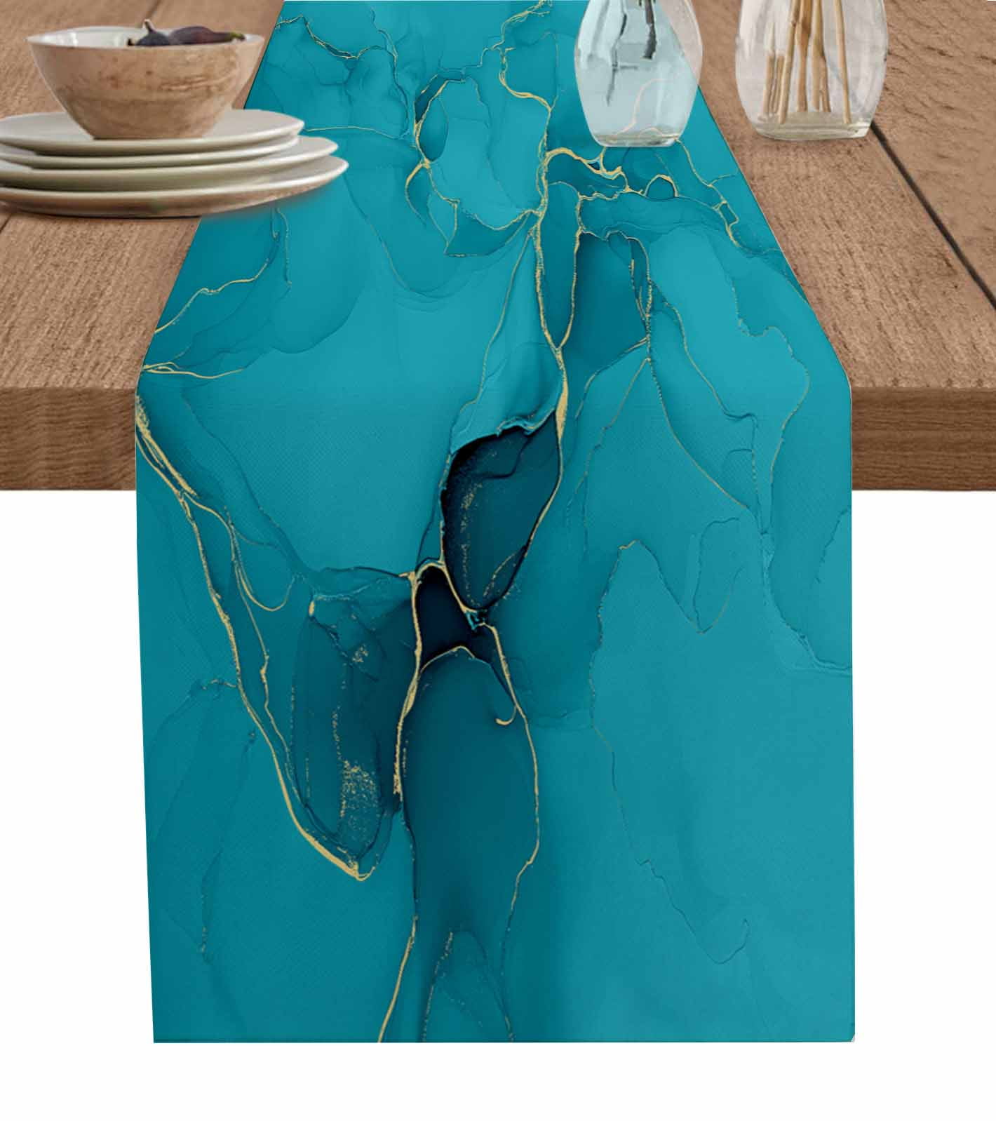 Turquoise Marble Burlap Cotton Table Runner 13x90 Inches Long, Minimalist Abstract Golden Fluid ...