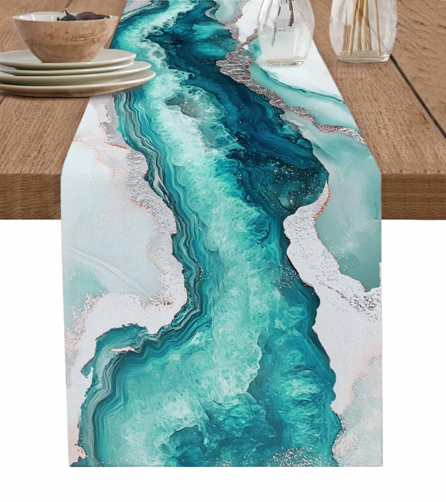 Turquoise Marble Burlap Cotton Table Runner 18x72 Inches Long, Luxury Modern Abstract Texture ...