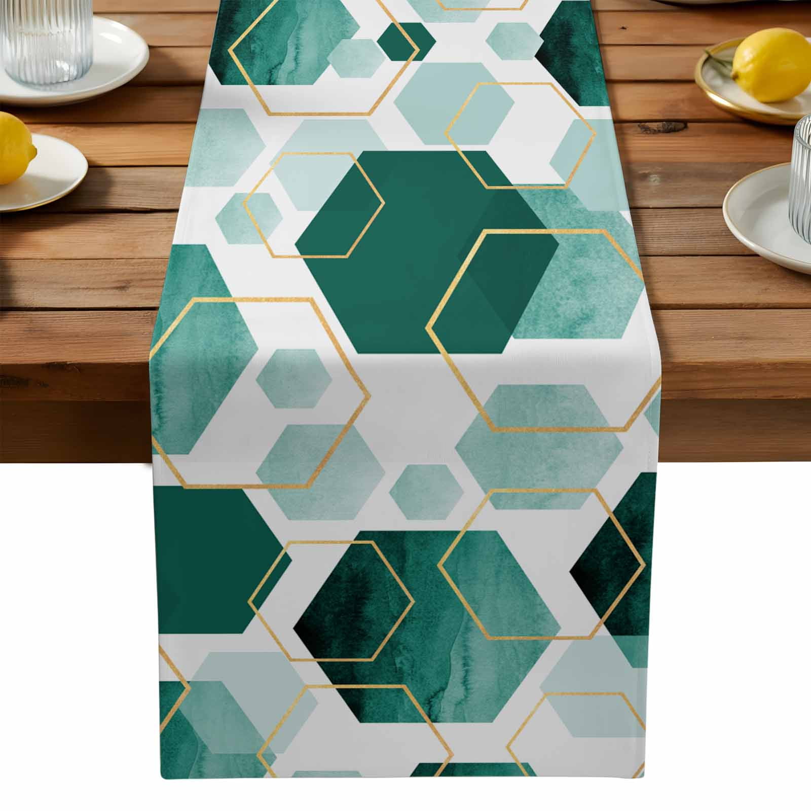 Turquoise Marble Cotton Linen Table Runner for Dining Kitchen, Gold ...