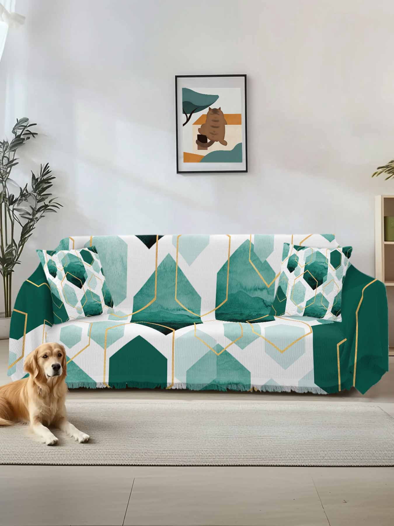 Turquoise Marble Couch Cover for 2 Cushion Couch, Gold White Geometric ...