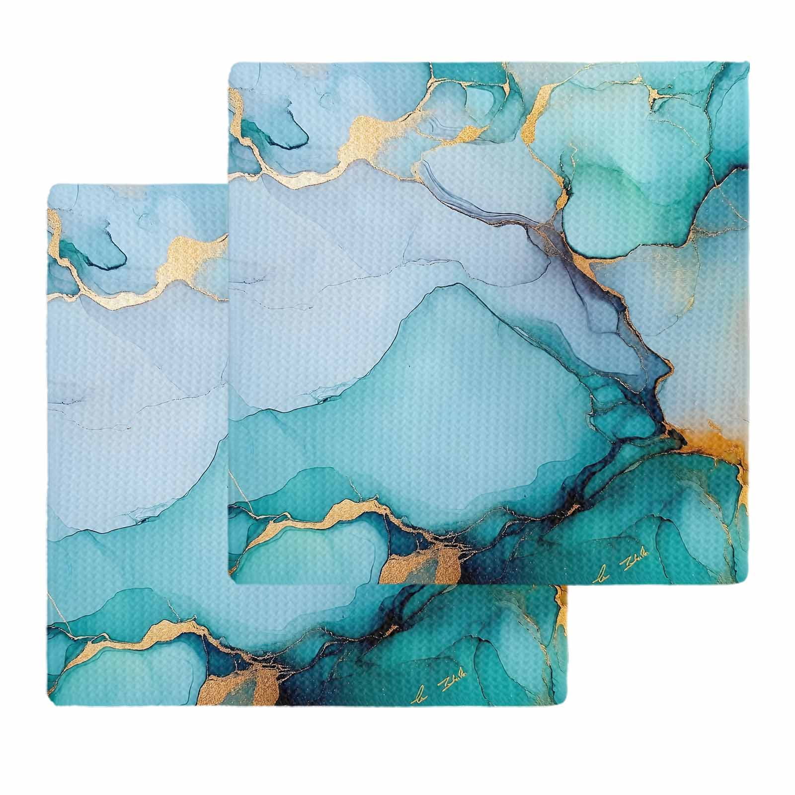 Turquoise Marble Dish Towels Set, Waffle Weave Kitchen Towels 2 Pieces ...