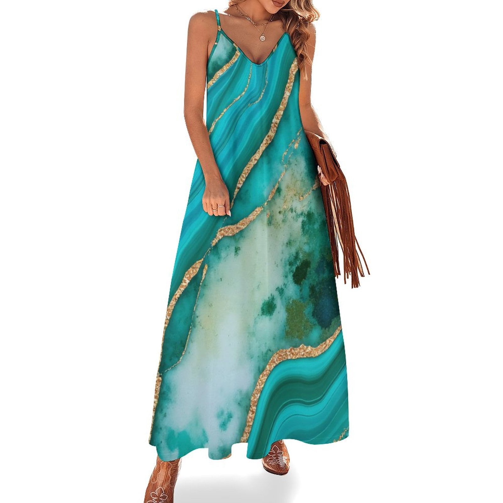 Turquoise Marble Gold Vein Art Fine Art Sleeveless Dress Summer Dress ...