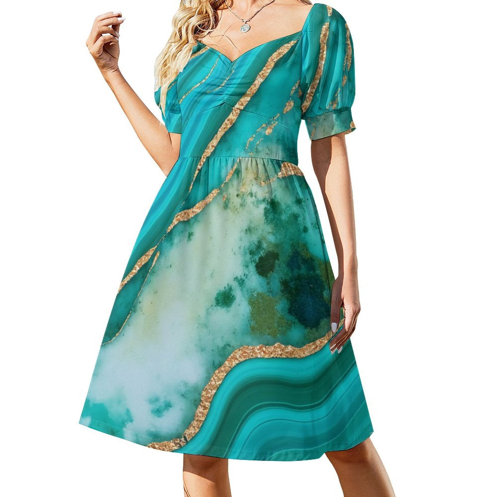 Turquoise Marble Gold Vein Art Summer Women's Dress 2025 Elegant ...