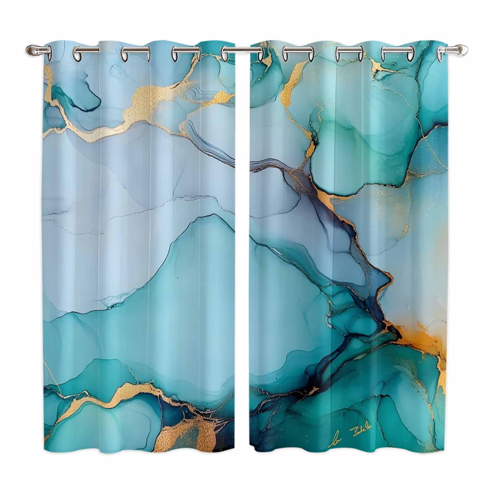 Turquoise Marble Kitchen Curtains 84 Inch Length, Abstract Green Modern ...