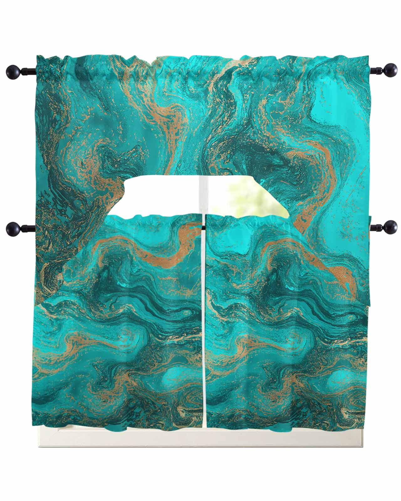 Turquoise Marble Kitchen Curtains Sets 24 Inch Length with Valance ...