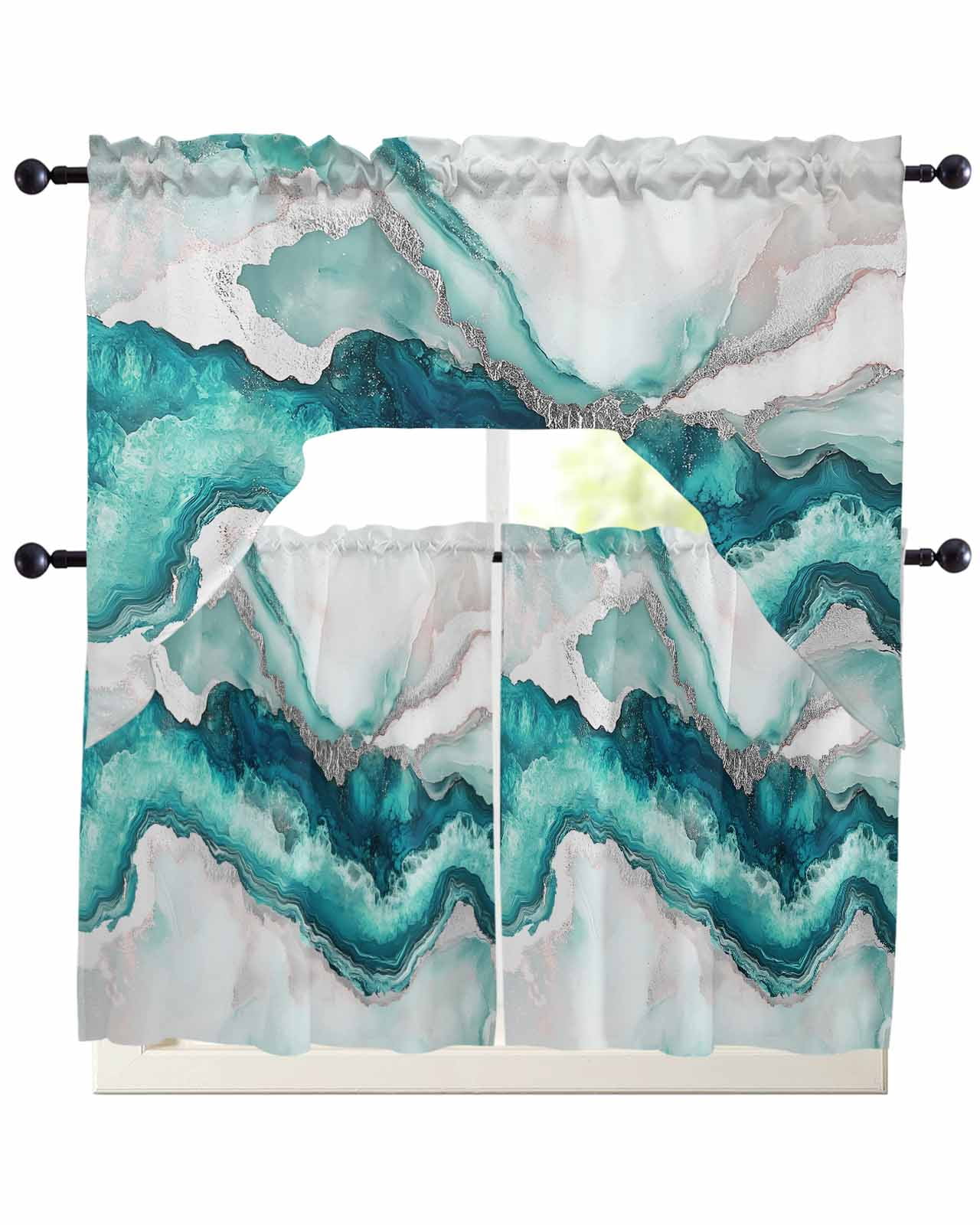 Turquoise Marble Kitchen Curtains Swag Valance and Tier Curtains Set 24 ...