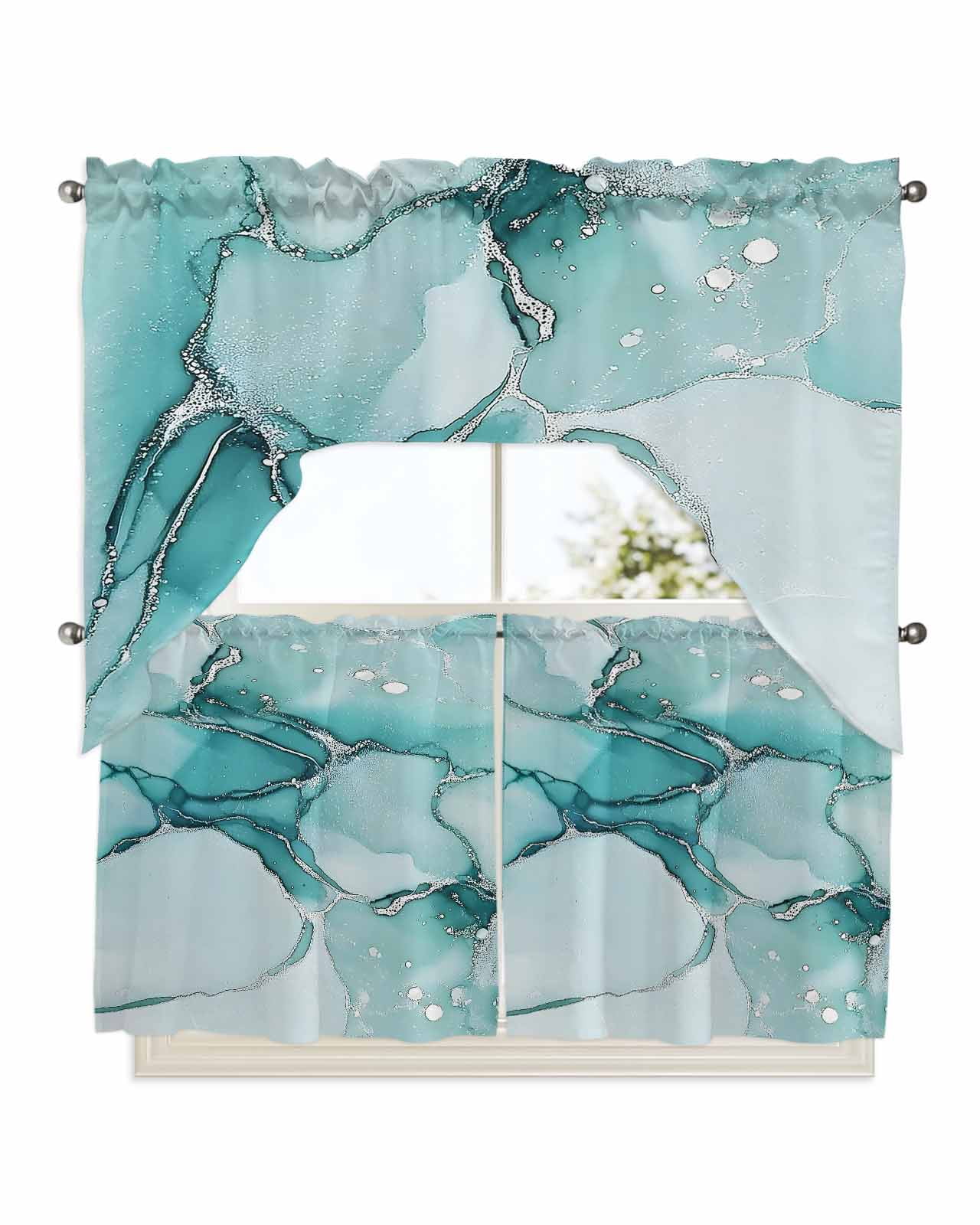 Turquoise Marble Kitchen Curtains Swag Valance and Tier Curtains Set 24 ...