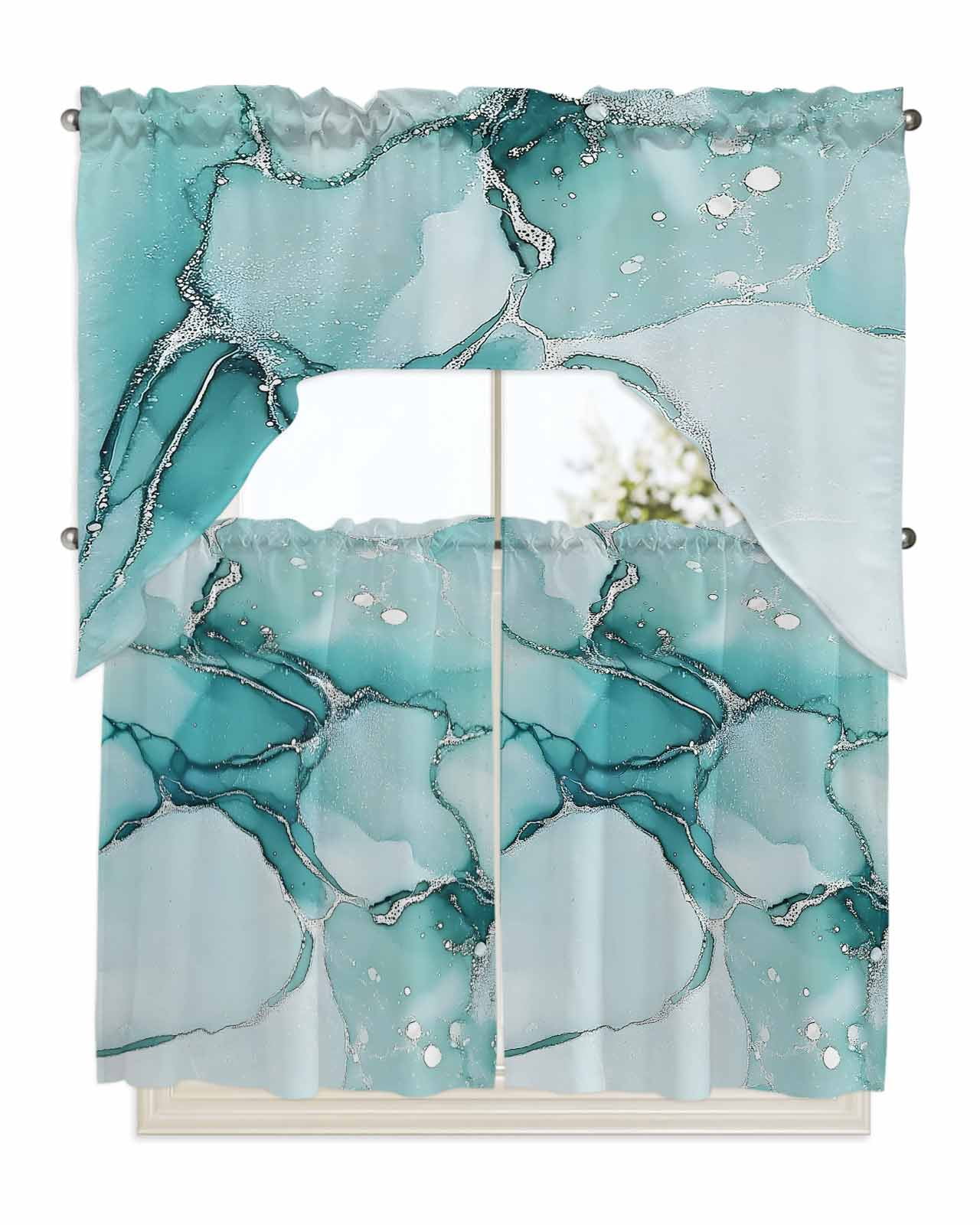 Turquoise Marble Kitchen Curtains Swag Valance and Tier Curtains Set 36 ...