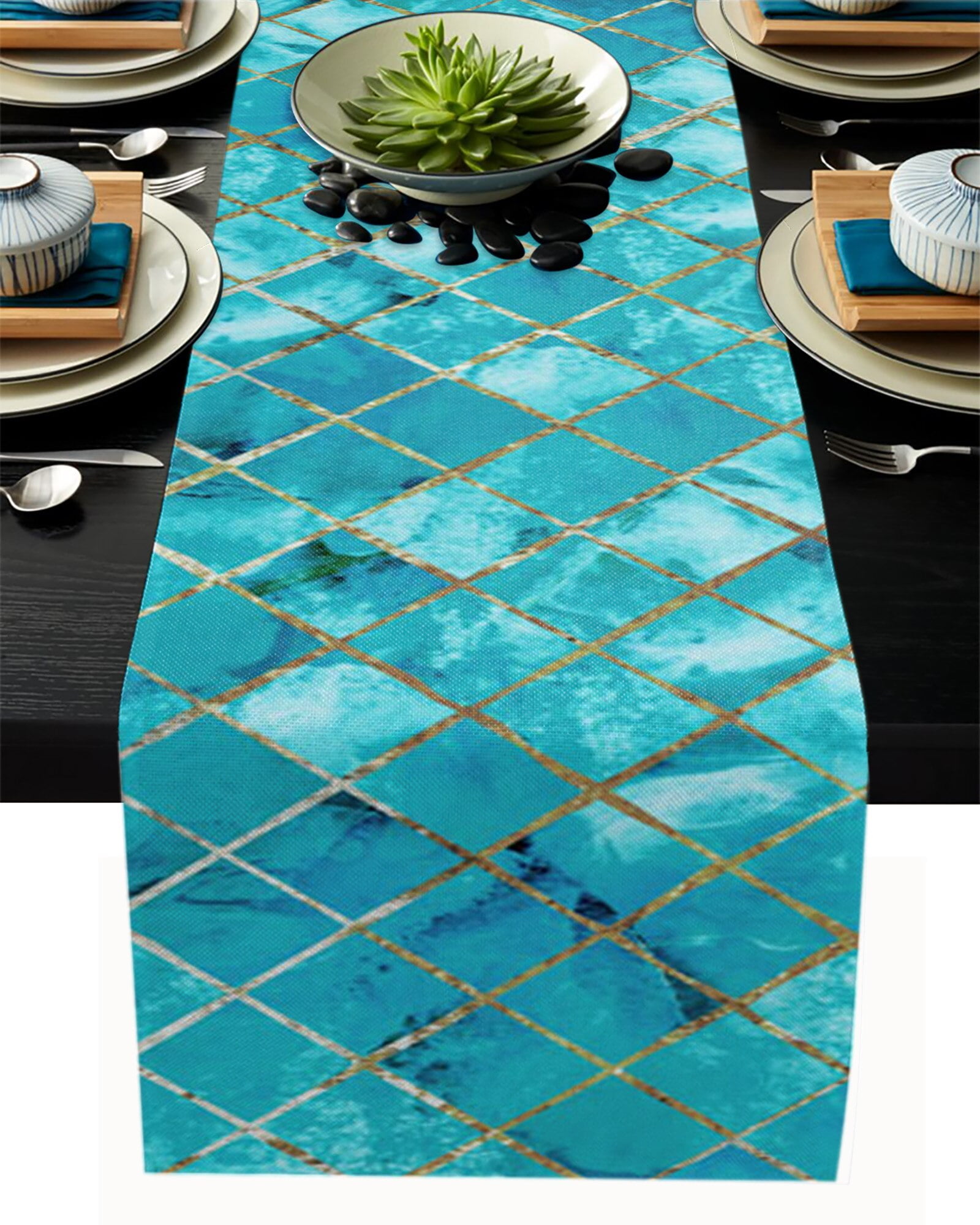 Turquoise Marble Lattice Table Runner Luxury Home Dining Table Coffee ...