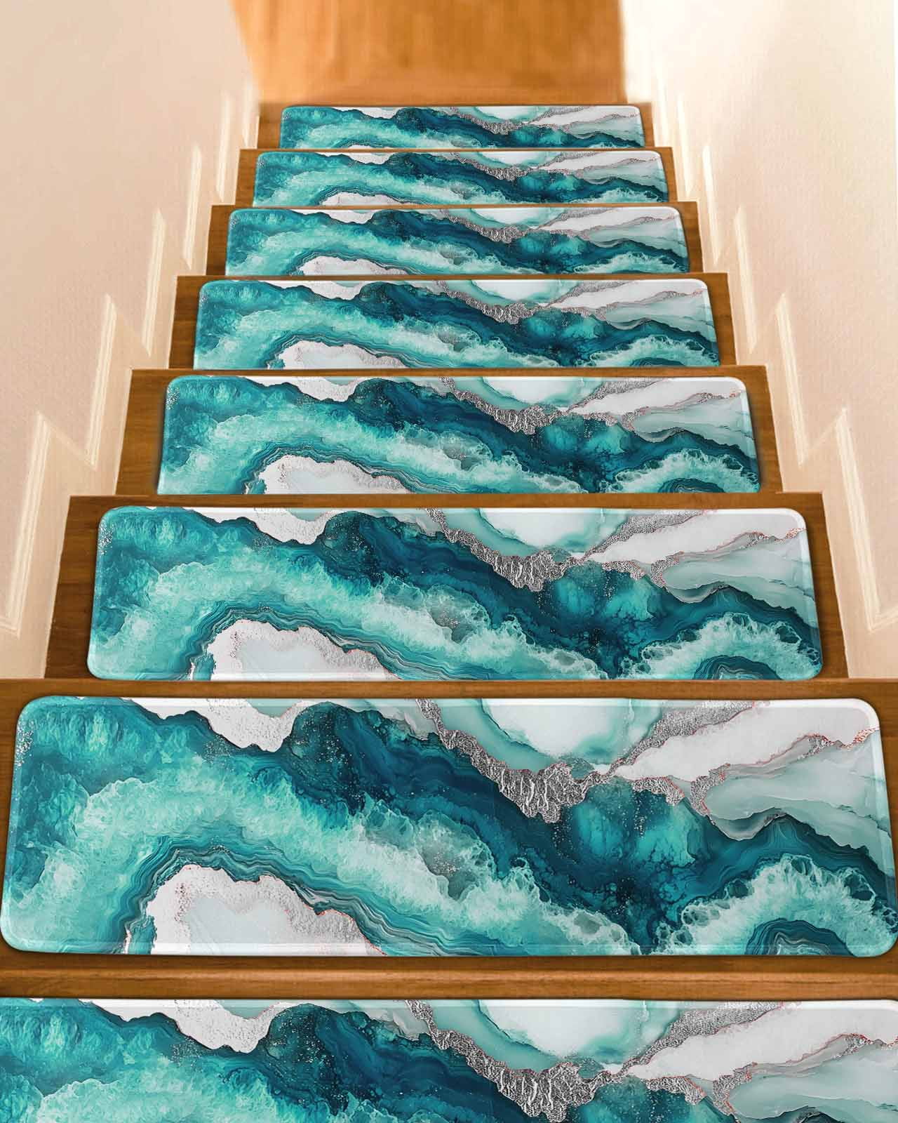Turquoise Marble Non-Slip Stair Treads for Wooden Steps, 15 Pack-8x30in ...