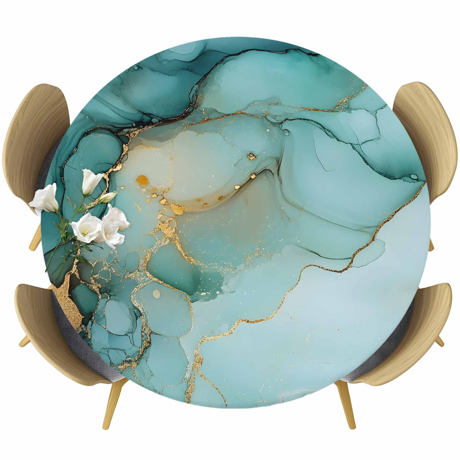 Turquoise Marble Round Fitted Table Cover Modern Art Abstract Gold ...