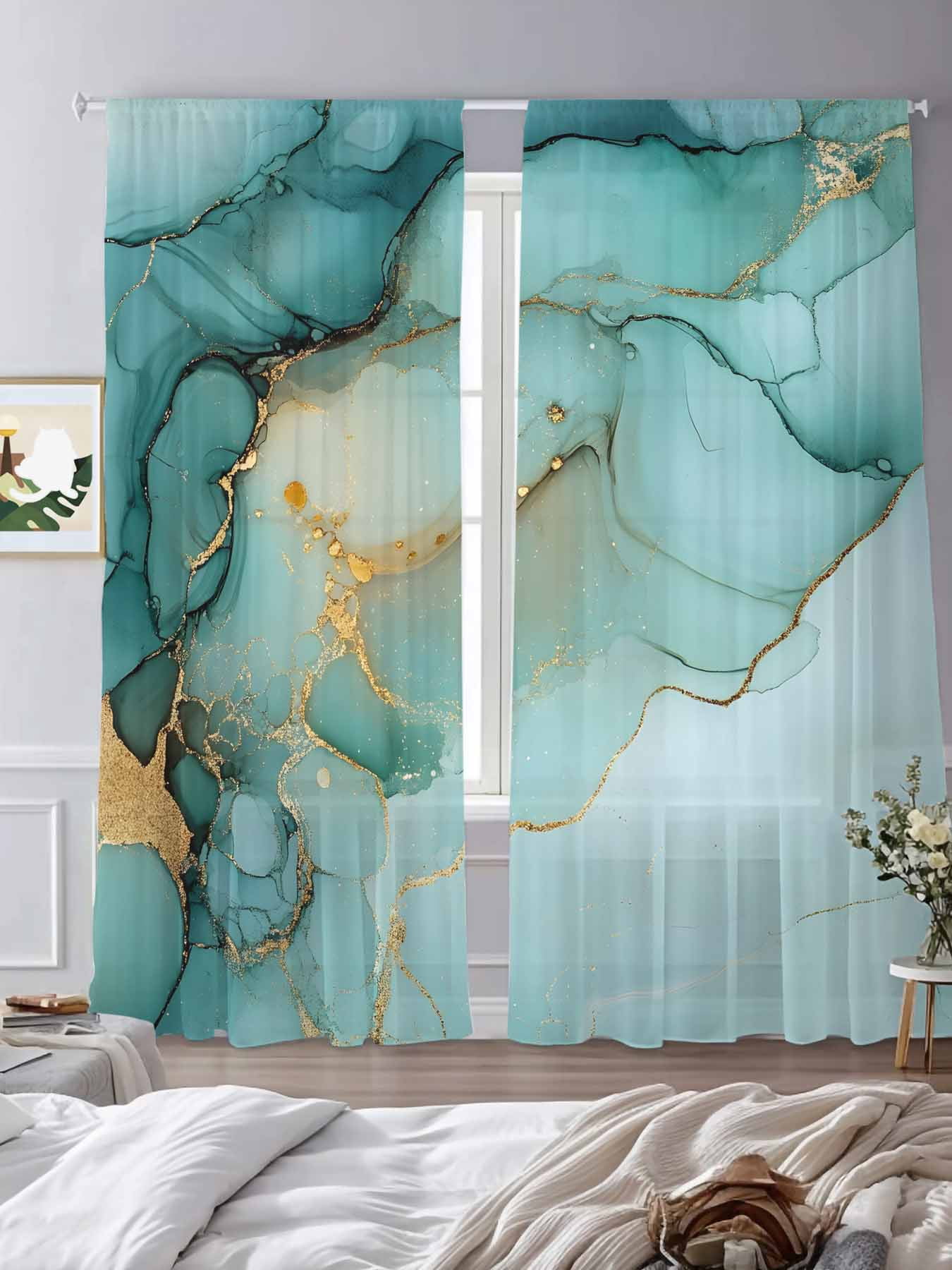 Turquoise Marble Sheer Curtains 108 inches Long 2 Panels Set Modern Art ...