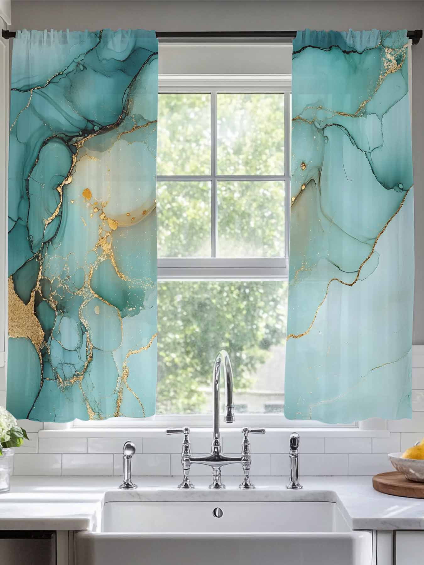 Turquoise Marble Sheer Curtains 72 Inches Long 2 Panels Modern Art ...