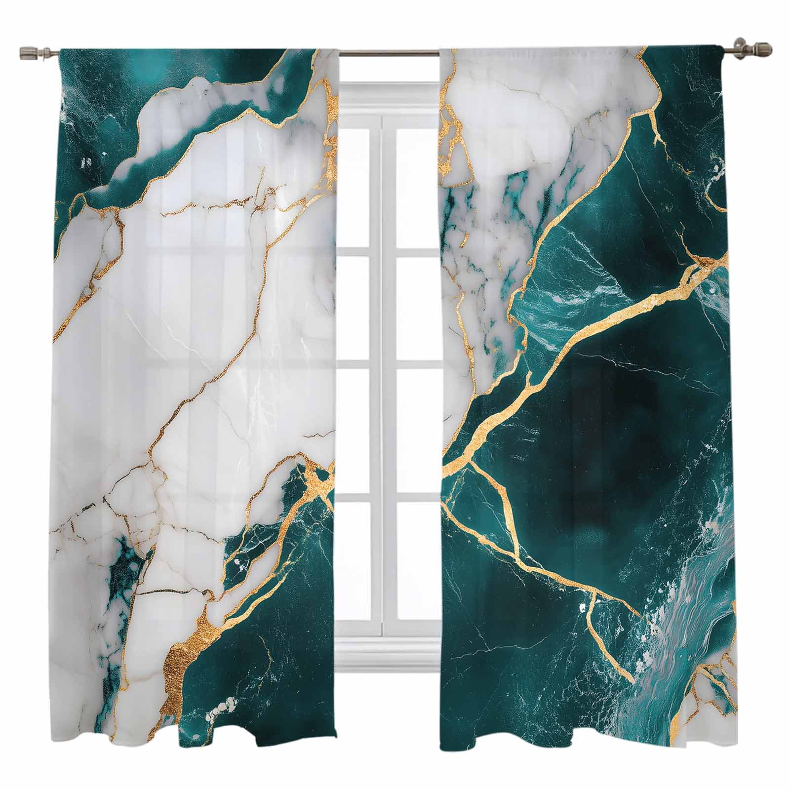 Turquoise Marble Sheer Curtains 72 inches Long, Gold Line Modern ...