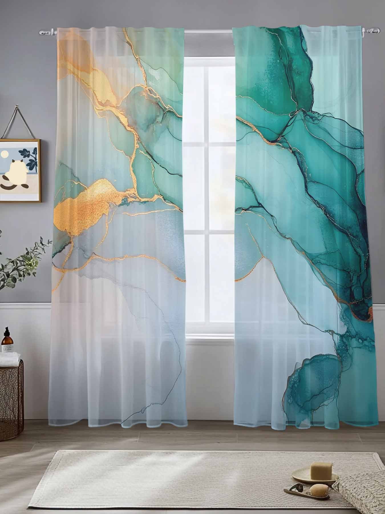 Turquoise Marble Sheer Curtains for Living Room Bedroom Modern Marble ...