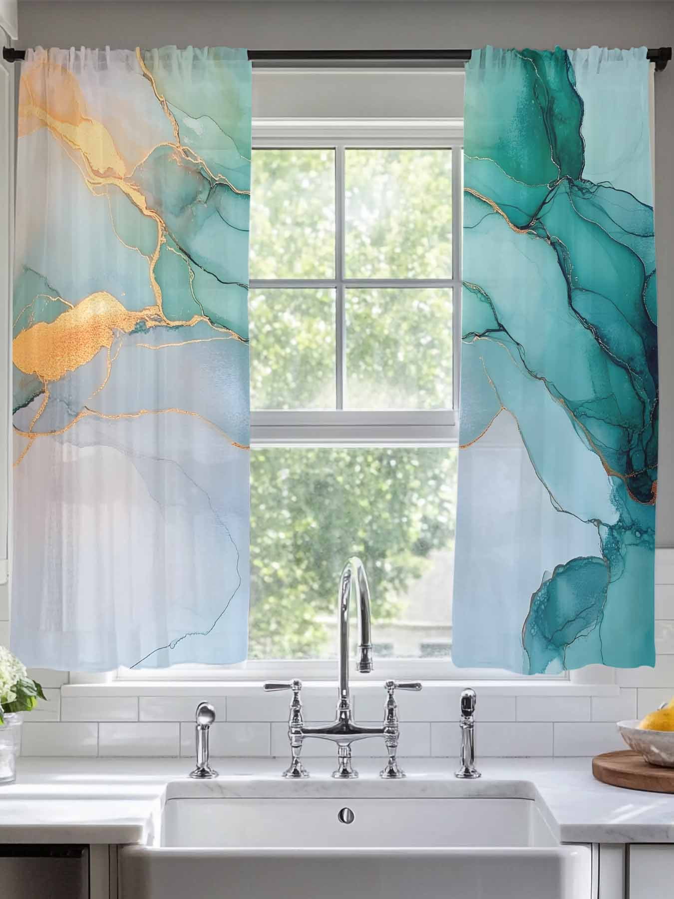 Turquoise Marble Sheer Curtains for Living Room Bedroom Modern Marble ...